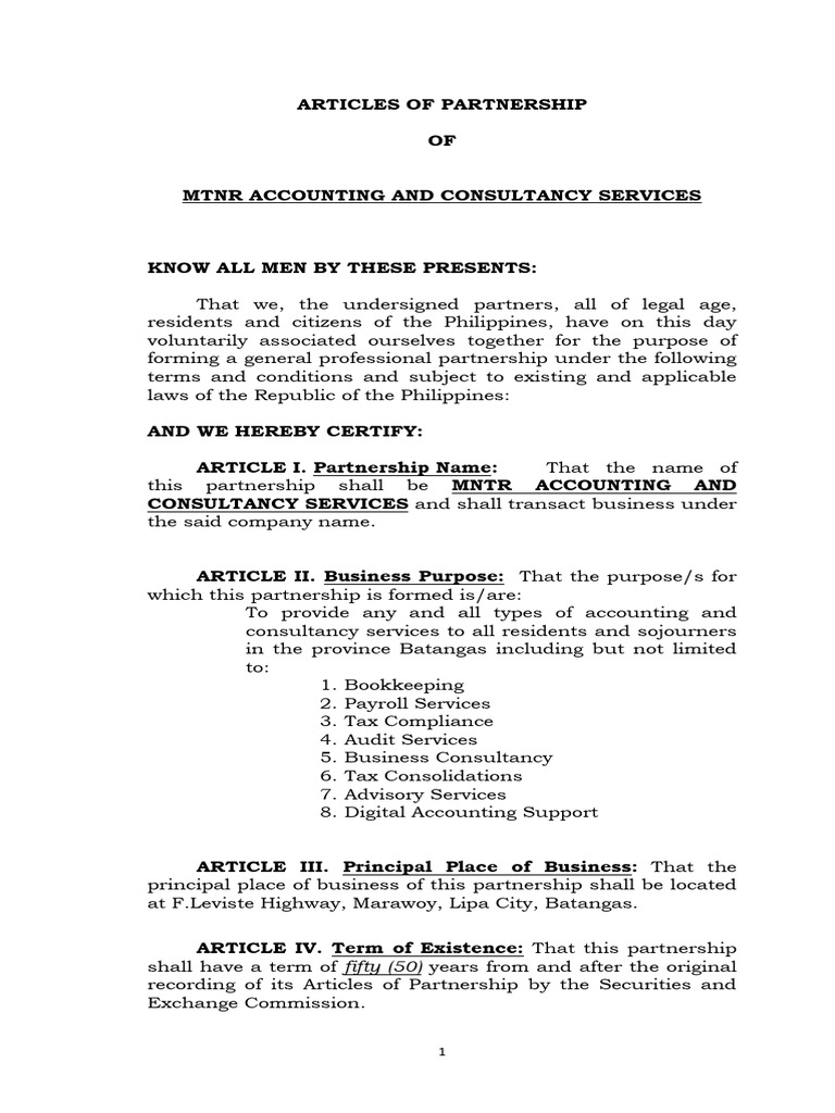 Form No.10 ARTICLES OF PARTNERSHIP (GENERAL) | PDF | Partnership | Business