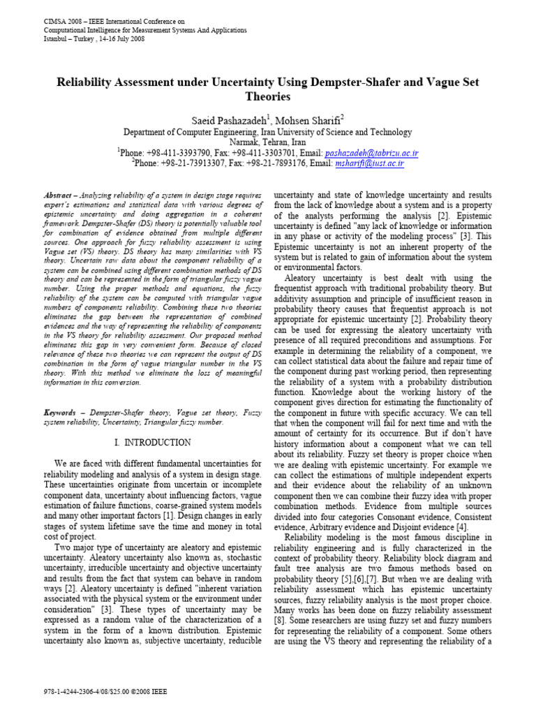 Reliability Assessment Under Uncertainty Using Dempster-Shafer and Vague Set | PDF | Uncertainty ...