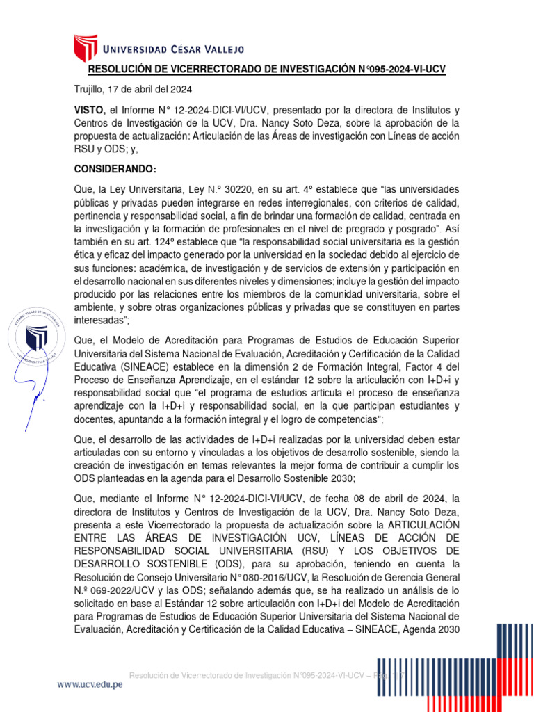 RVI N°095-2024-VI-UCV Aprueba Actualización Articulación de Áreas de ...