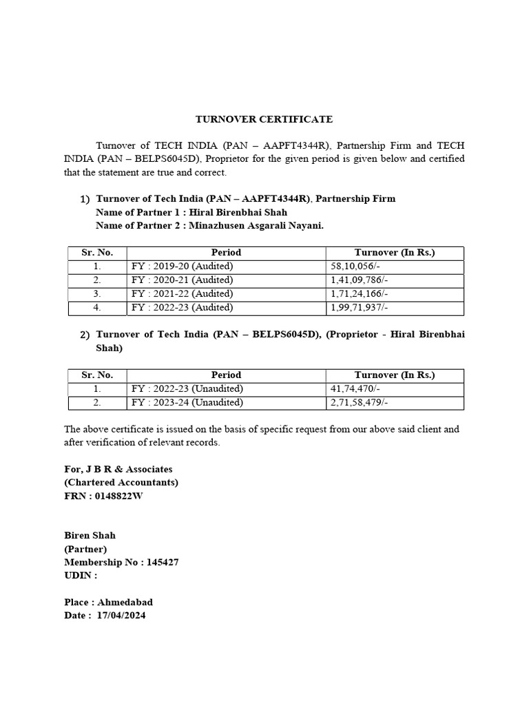 Draft Turnover Certificate | PDF