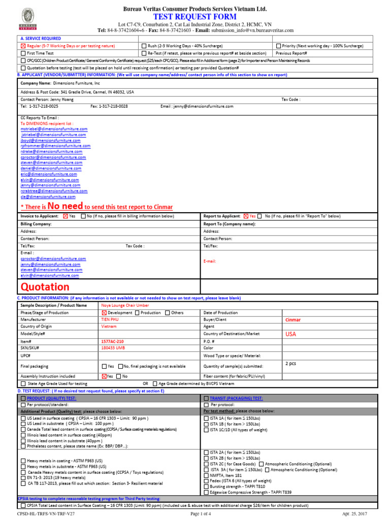 Bureau Veritas Test Request Form | PDF | Packaging And Labeling | Materials
