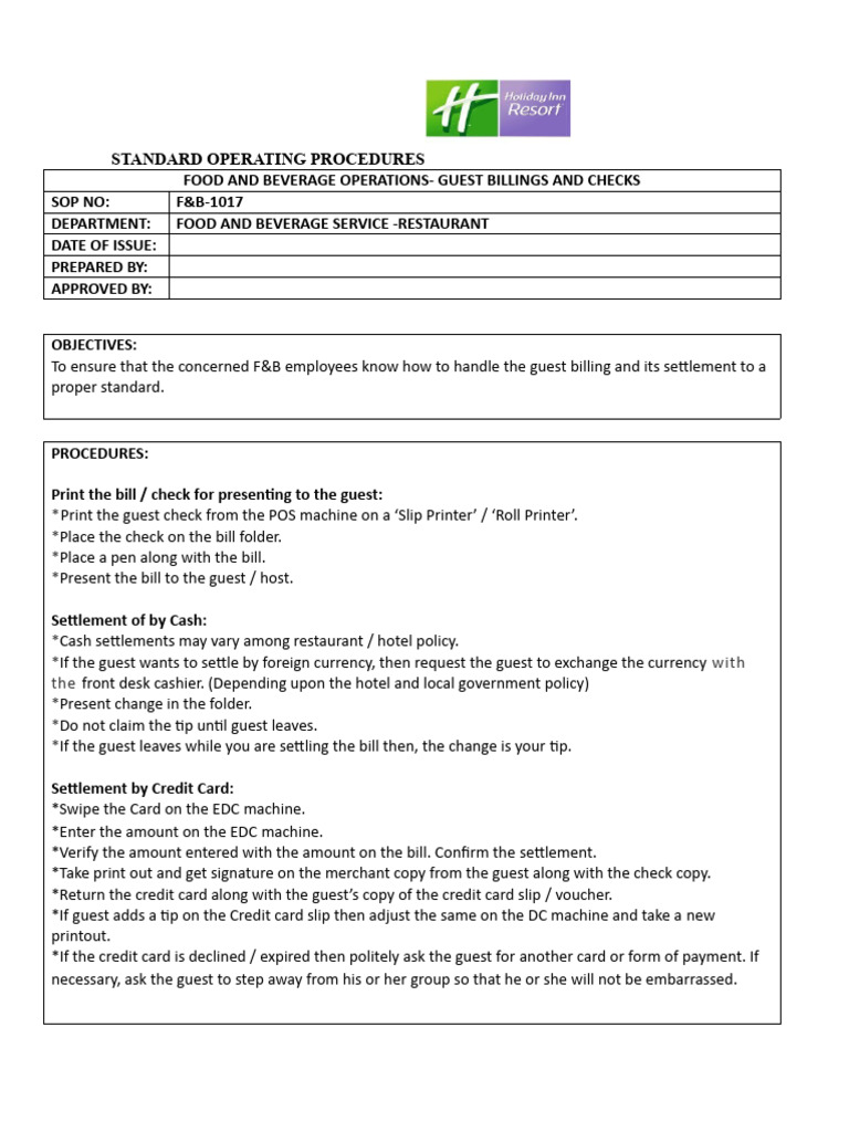 Sop-Guest Bill Handling and Checks | PDF | Cheque | Credit Card