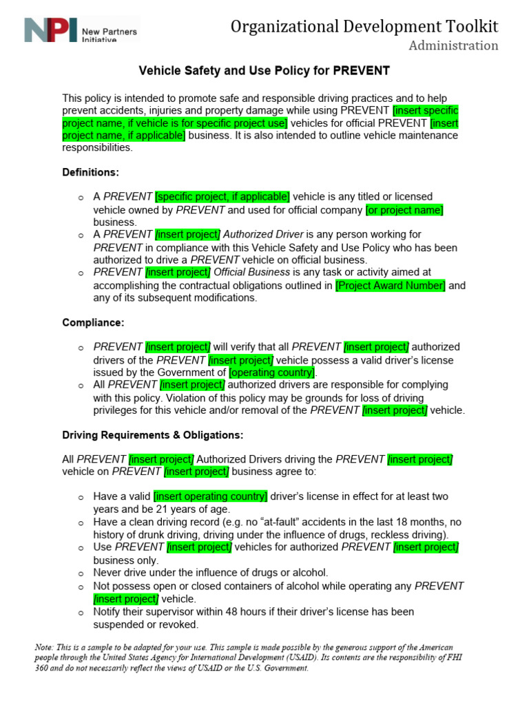 PREVENT Vehicle Safety Policy Guide | PDF | Driving Under The Influence ...