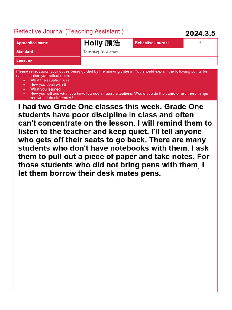 Reflective Journal (Teaching Assistant) | PDF