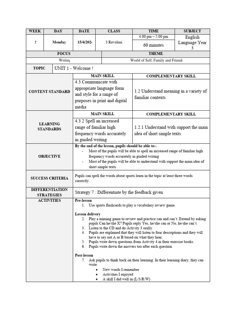 Example English Plan Year 3 Pdf Vocabulary Behavior Modification