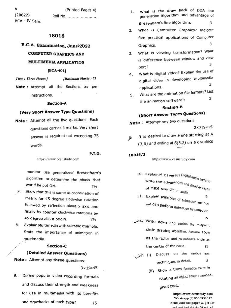 Bca 4 Sem Computer Graphics and Multimedia Application 18016 Jun 2022 | PDF Bca 4 Sem Computer Graphics and Multimedia Application 18016 Jun 2022 | PDF