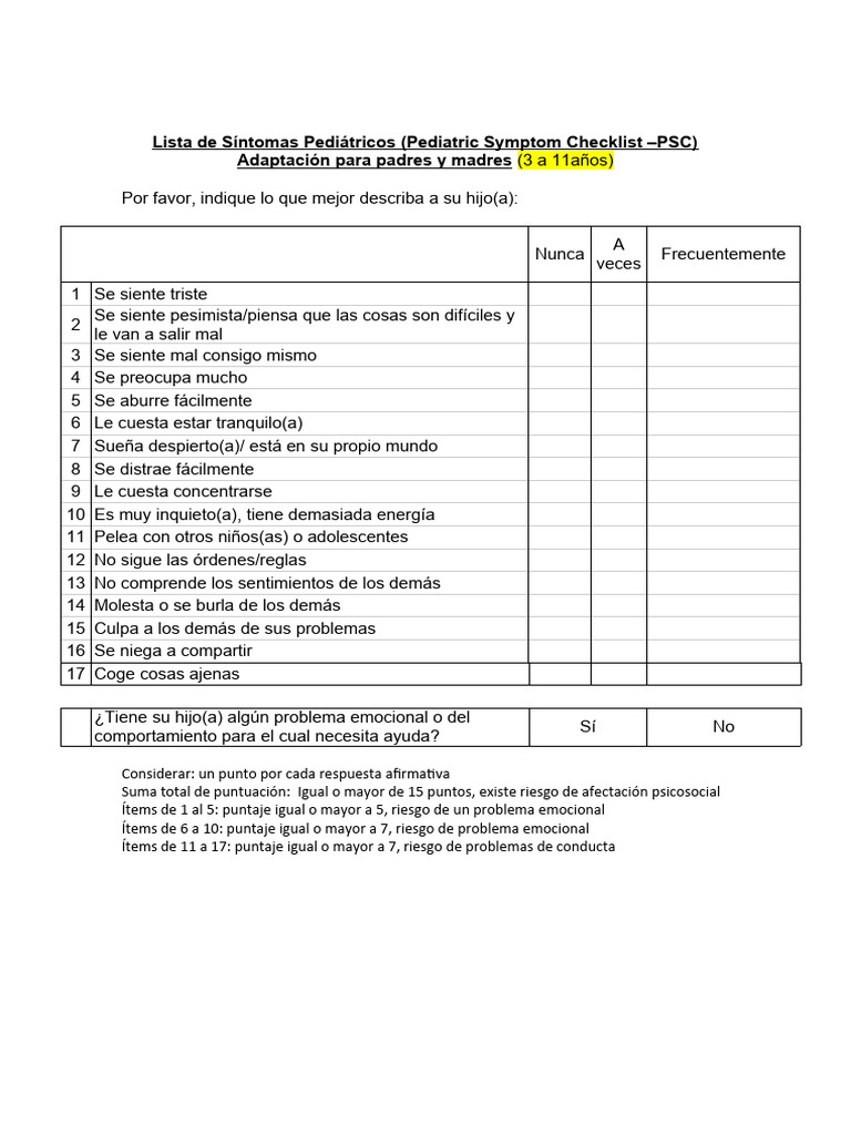 Lista de Síntomas Pediátricos PSC-17 | PDF | Sicología | Ciencias del ...