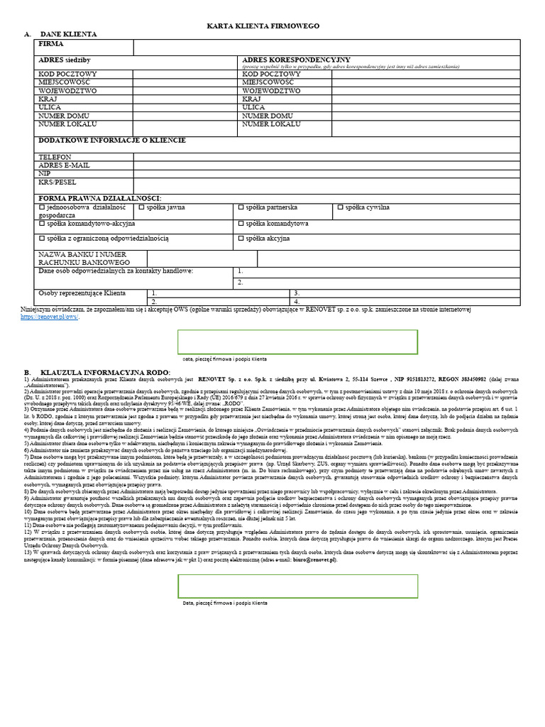 KARTA KLIENTA FIRMOWEGO 2022 Ver Kancelaria | PDF