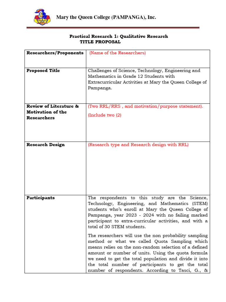 Practical Research 1 - Title Proposal | PDF | Sampling (Statistics) | Science, Technology ...