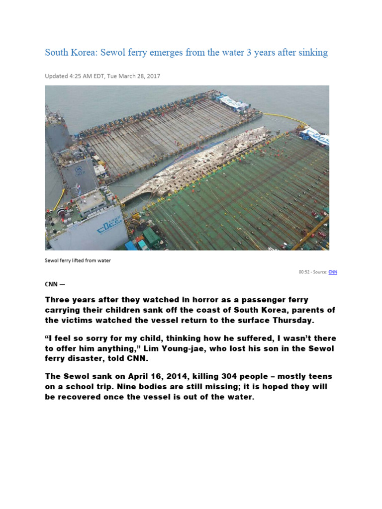 W2 - South Korea Sewol Ferry Emerges From The Water 3 Years After ...