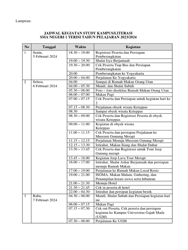 Jadwal Study Tour SMA Terisi 2024 | PDF