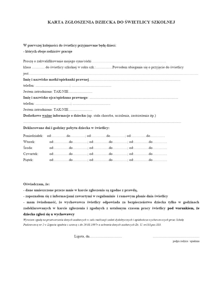 Karta Zgloszenia Do Świetlicy | PDF