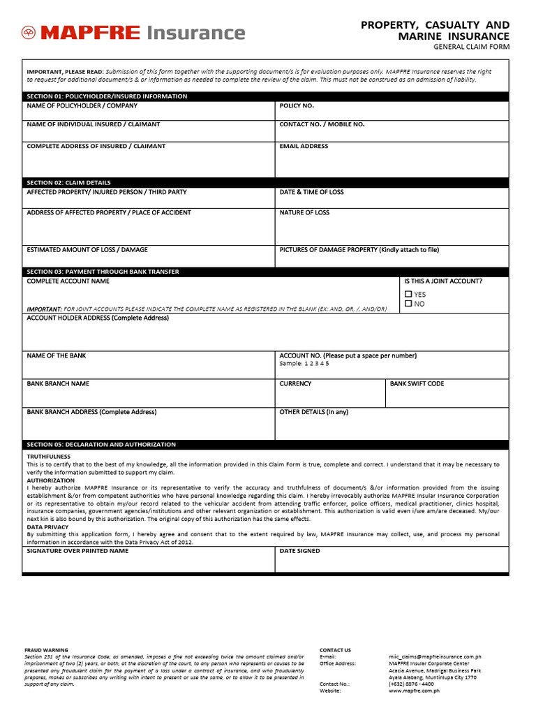 ONLINE - Property, Casualty, Marine Claim Form 2020 | PDF | Insurance ...