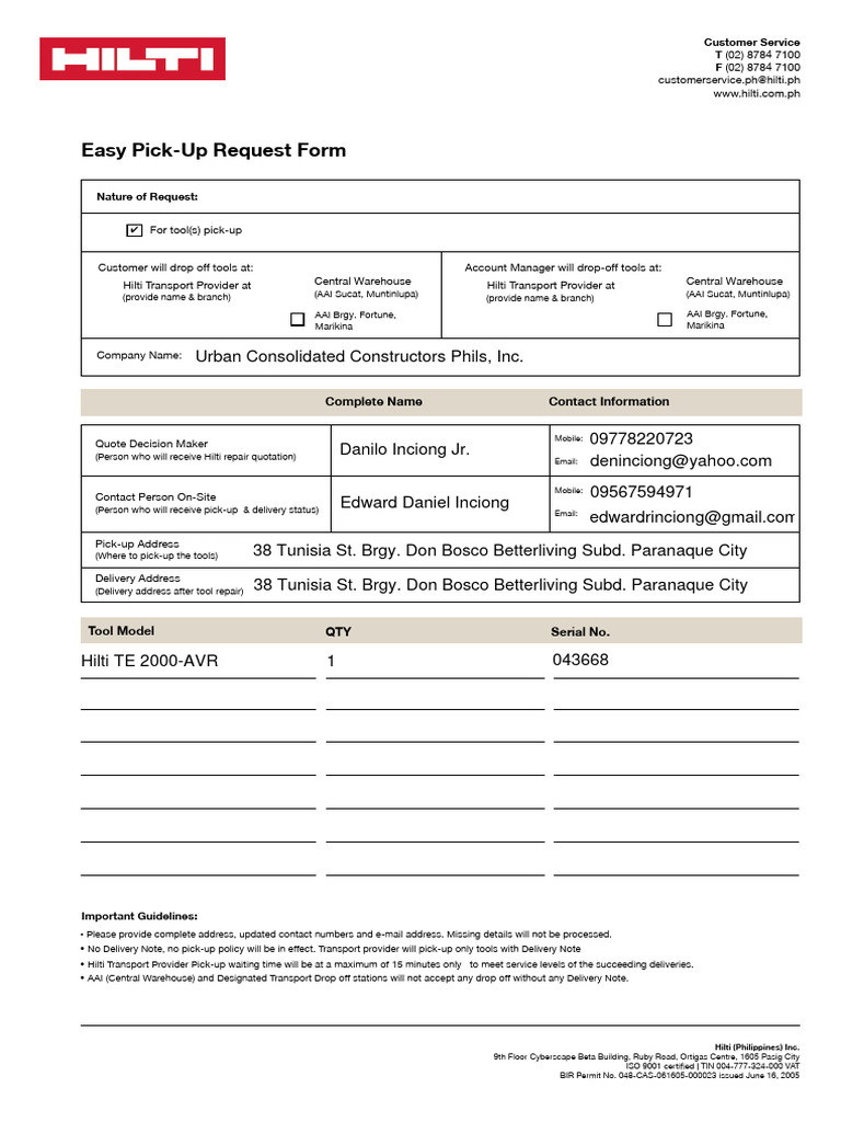 Easy Pickup Form | PDF