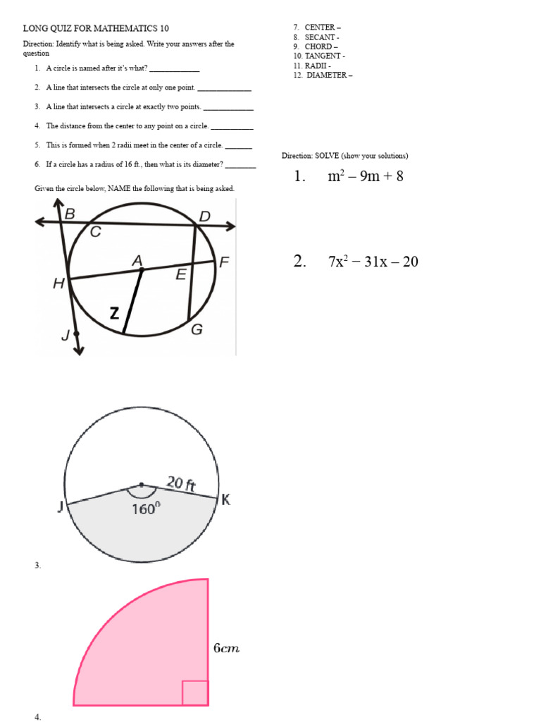 Long Quiz For Mathematics 10 | PDF