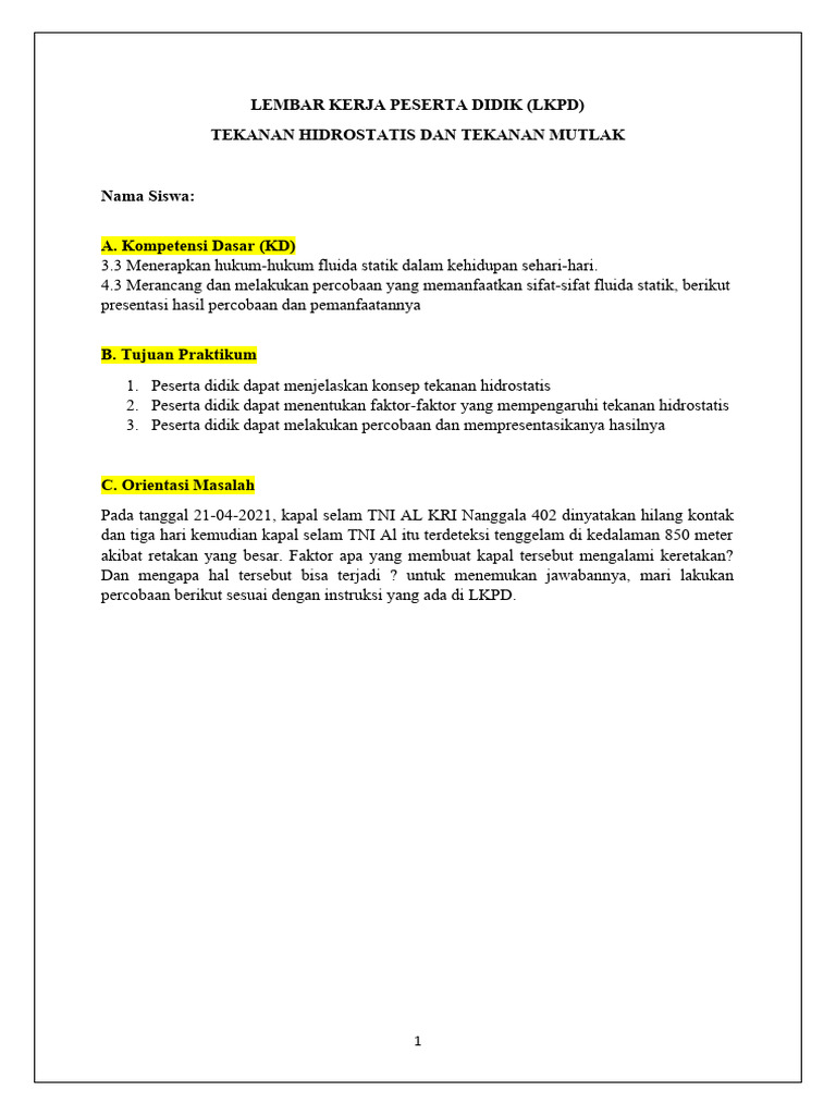 Tekanan Hidrostatis: LKPD Siswa | PDF