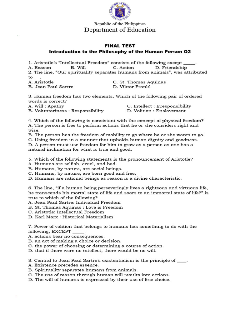 Intro To Philosophy Test Q4 Pdf Free Will Social Contract