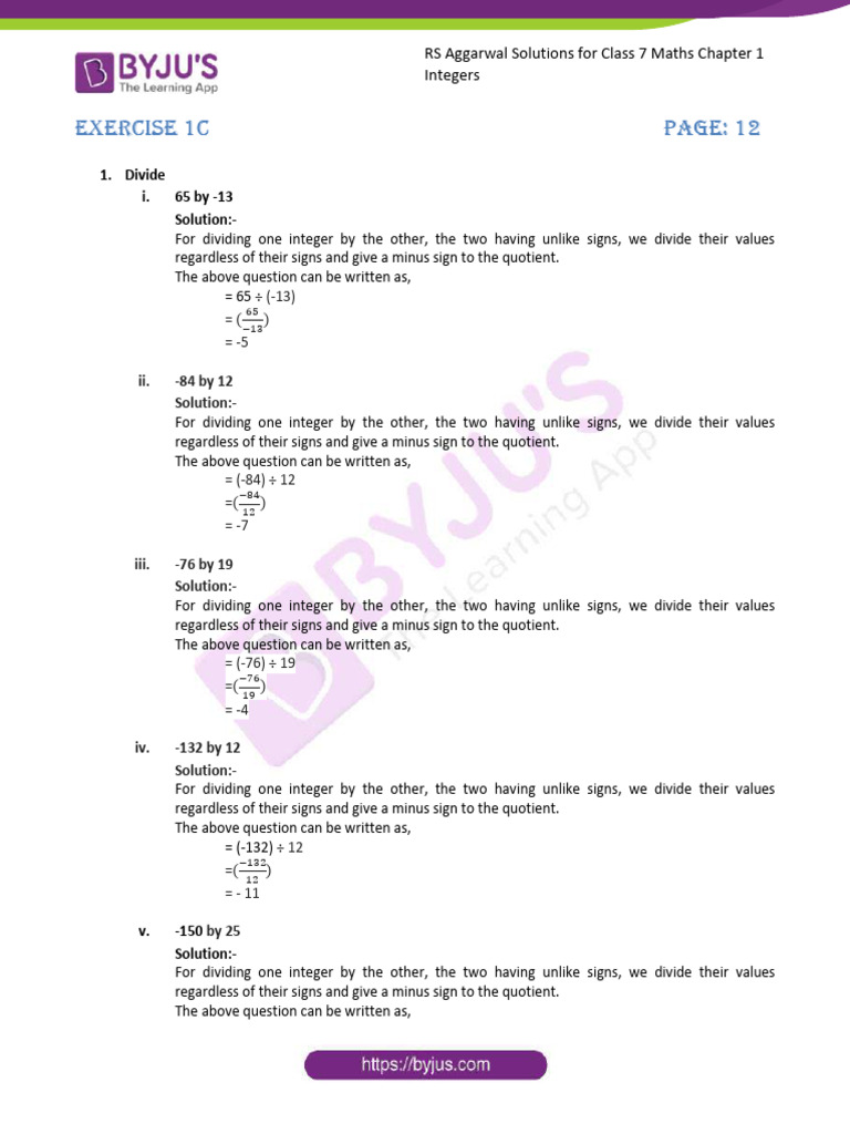 Rs Aggarwa Solutions For Class 7 Maths Chapter 1 Ex C | PDF | Integer | Discrete Mathematics