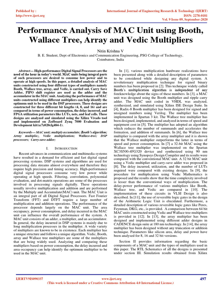 Performance Analysis of MAC Unit Using Booth, Wallace Tree, Array and Vedic Multipliers | PDF ...