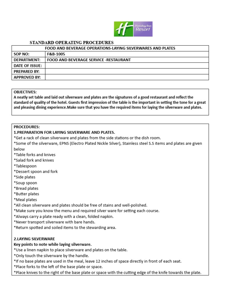 SOP-LAYING SILVER WARES AND PLATES 1005 | PDF | Tableware | Cooking