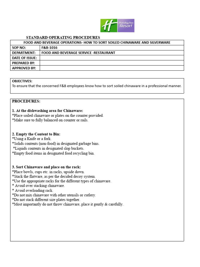 Sop-How To Sort Soiled Chinaware and Silverware | PDF | Tableware | Spoon