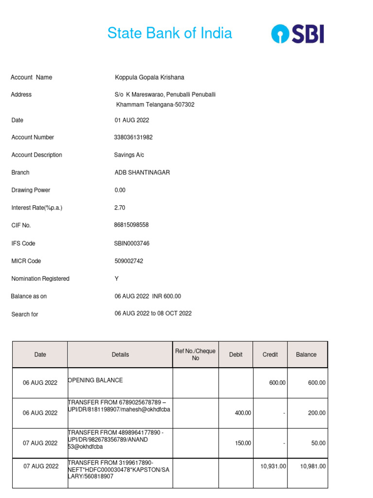 SBI Account Statement Summary | PDF | Credit Card | Cheque