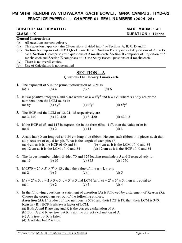 Maths Class X Chapter 01 Real Numbers Practice Paper 01 2024 | PDF | Numbers | Elementary ...