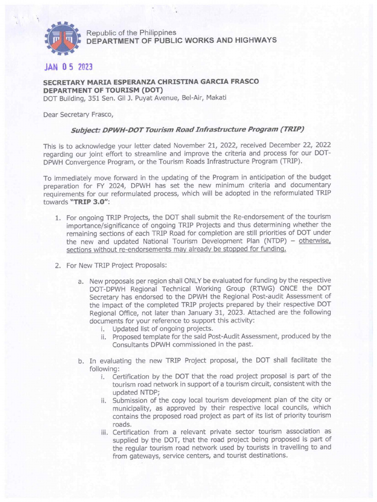 DPWH DOT TRIP Sec Bonoan Letter To Sec Frasco 01052023 1 | PDF