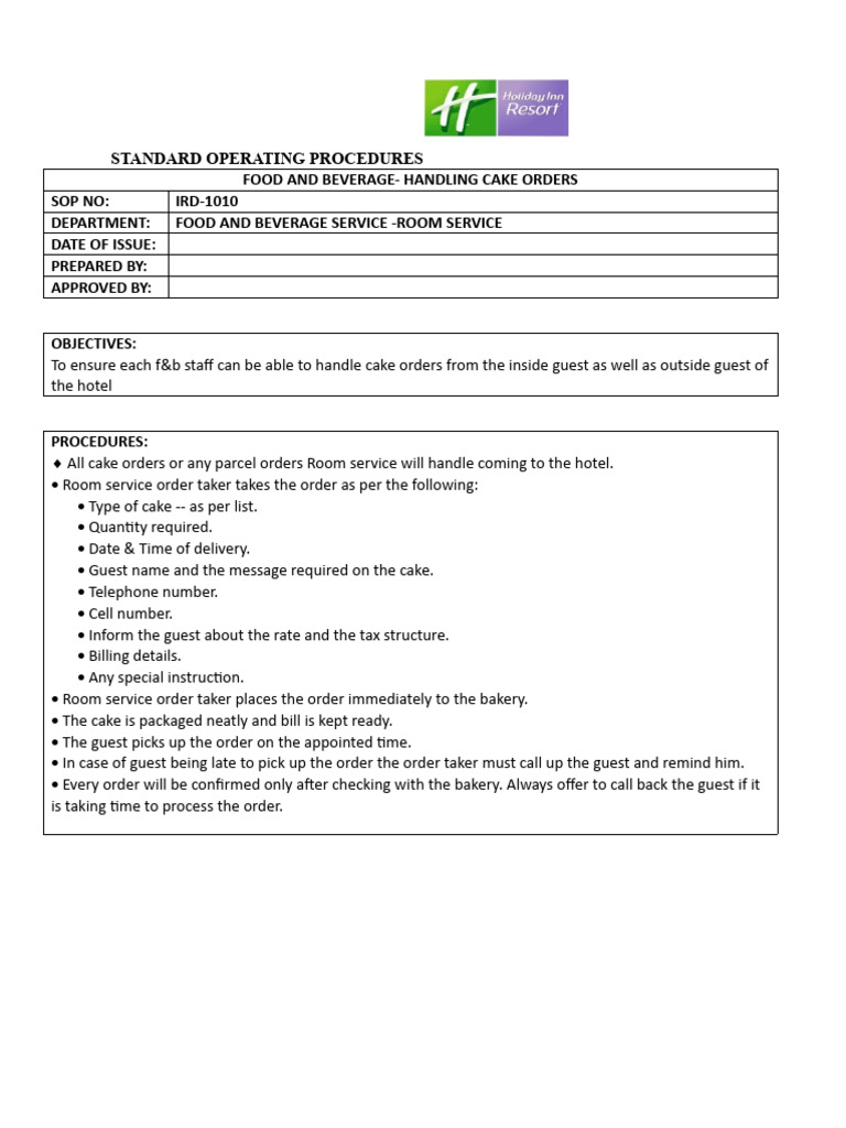 Cake Order Handling SOP | PDF