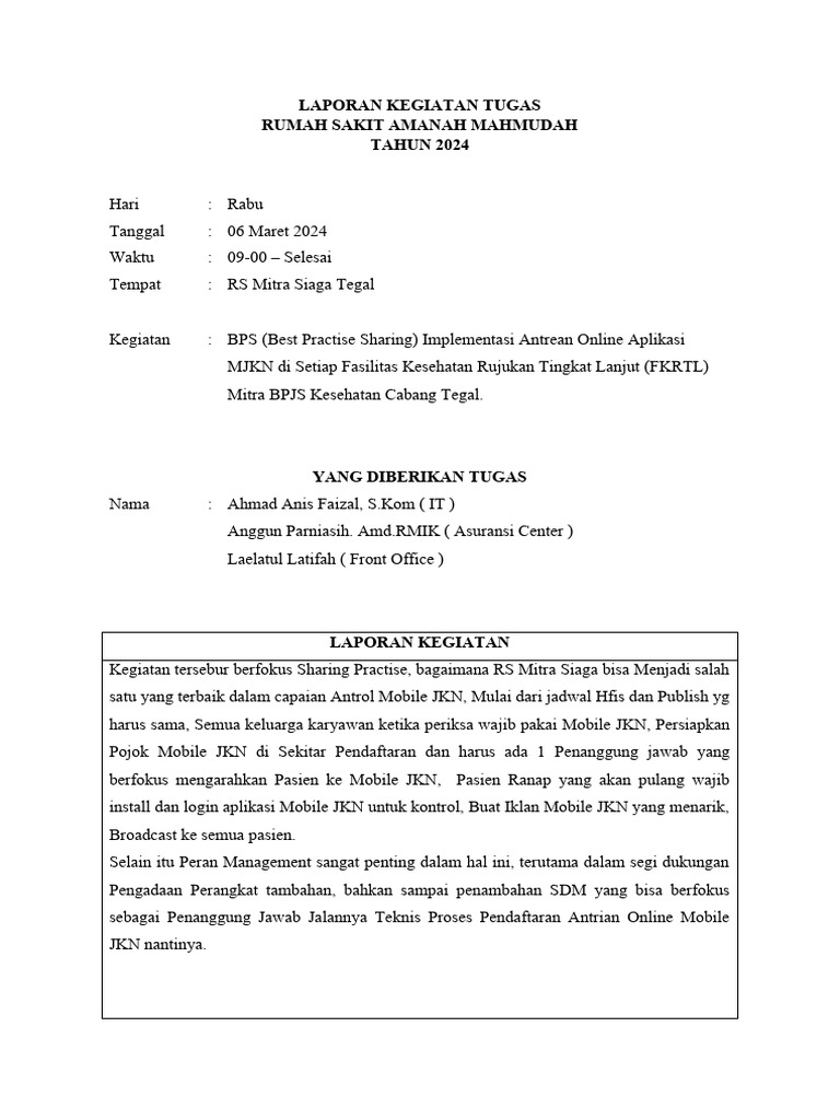 KERANGKA LAPORAN KEGIATAN TUGAS | PDF