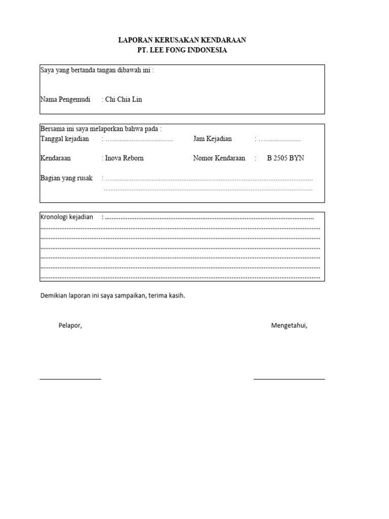 Form Laporan Kerusakan Kendaraan | PDF