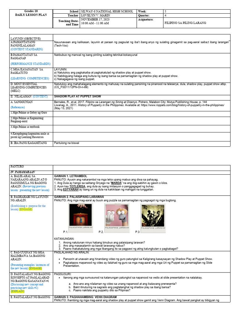 LESSON PLAN SHADOW PLAY AT PUPPET SHOW | PDF