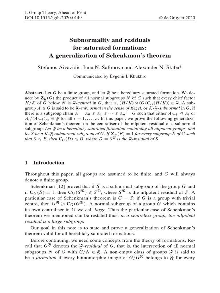 Subnormality and Residuals For Saturated Formations | PDF | Theorem | Mathematical Structures
