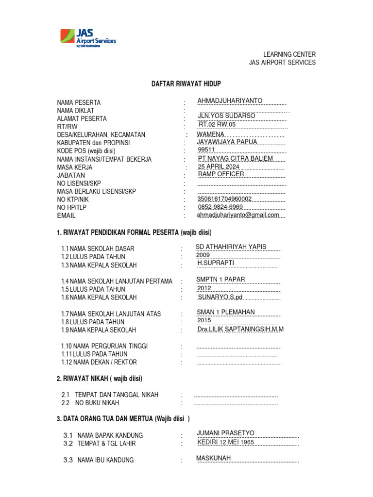 1 - Updated - DAFTAR RIWAYAT HIDUP PESERTA DIKLAT LEARNING CENTER AVSEC | PDF