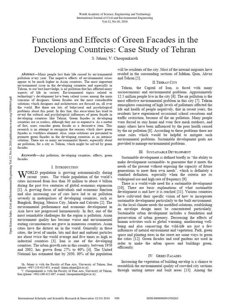 Functions and Effects of Green Facades in The Developing Countries Case Study of Tehran | PDF ...