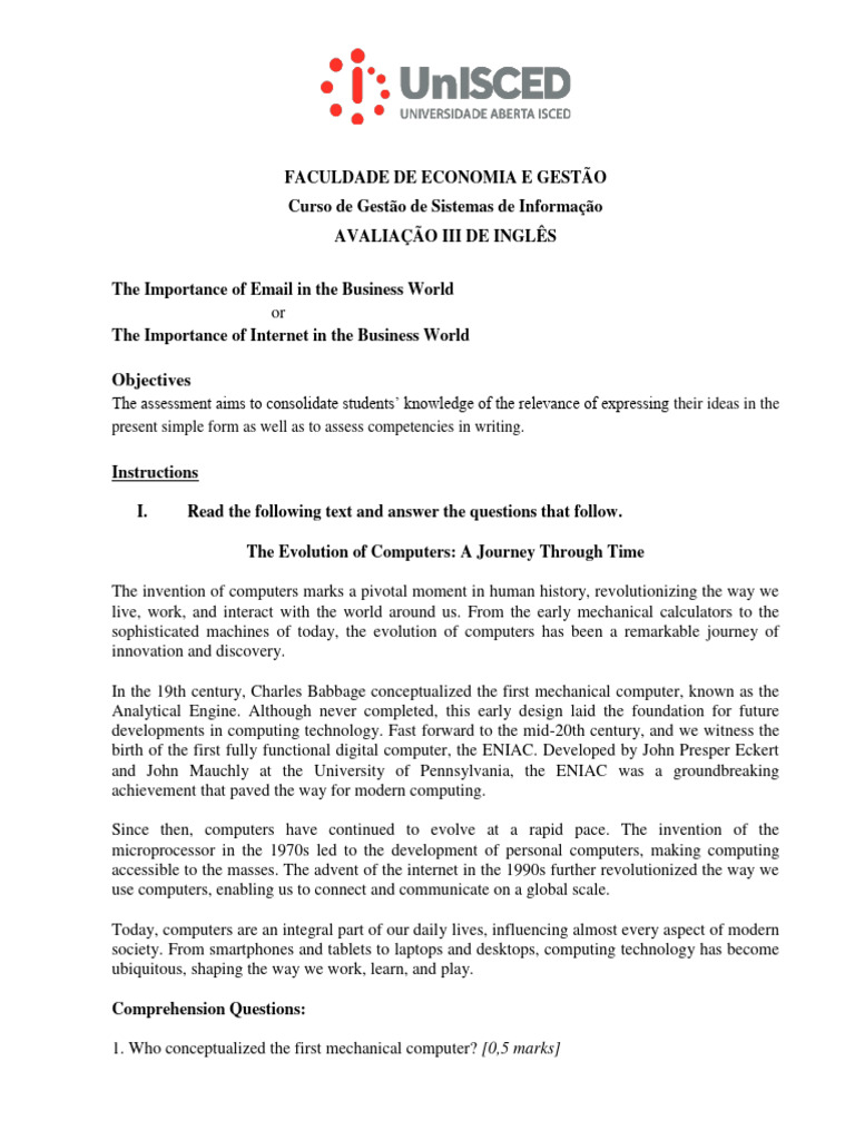 Avaliacao III Enunciado de Ingles | PDF | Computing | Office Equipment