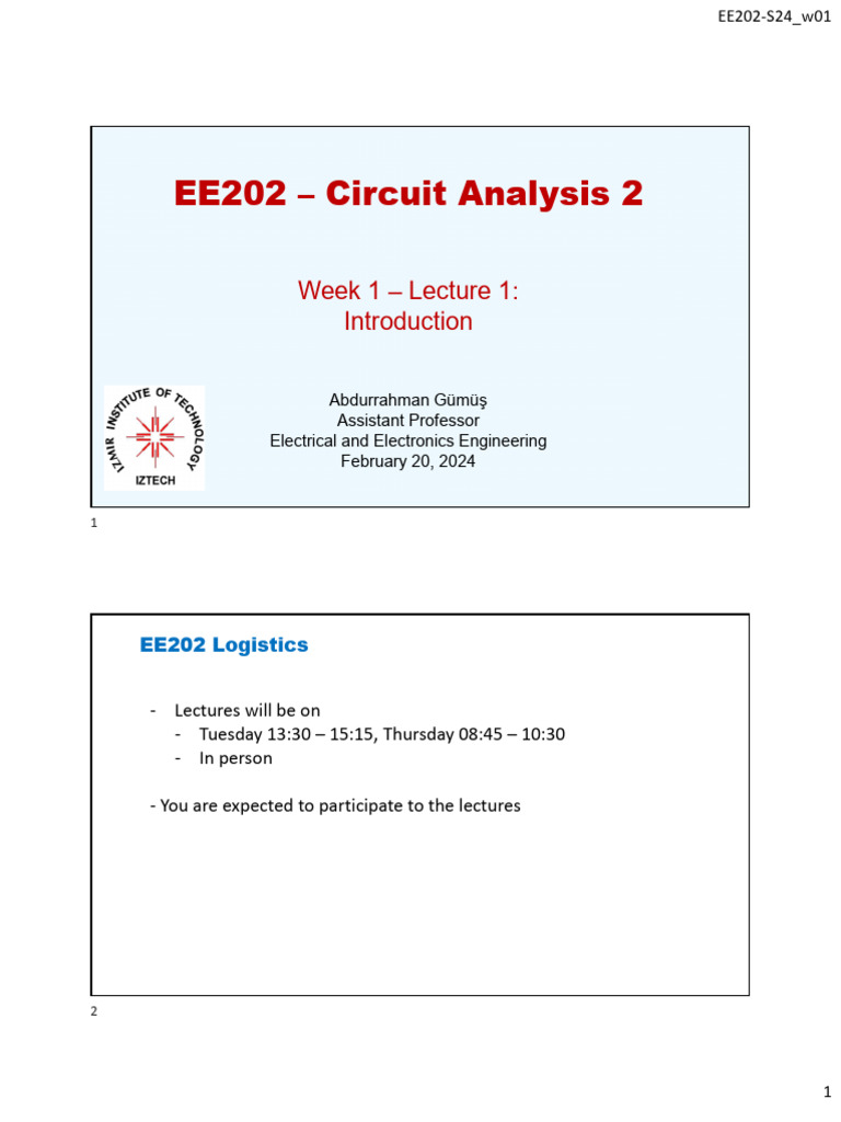 EE202-S24 w01 1 Introduction | PDF | Electrical Network | Network Analysis (Electrical Circuits)
