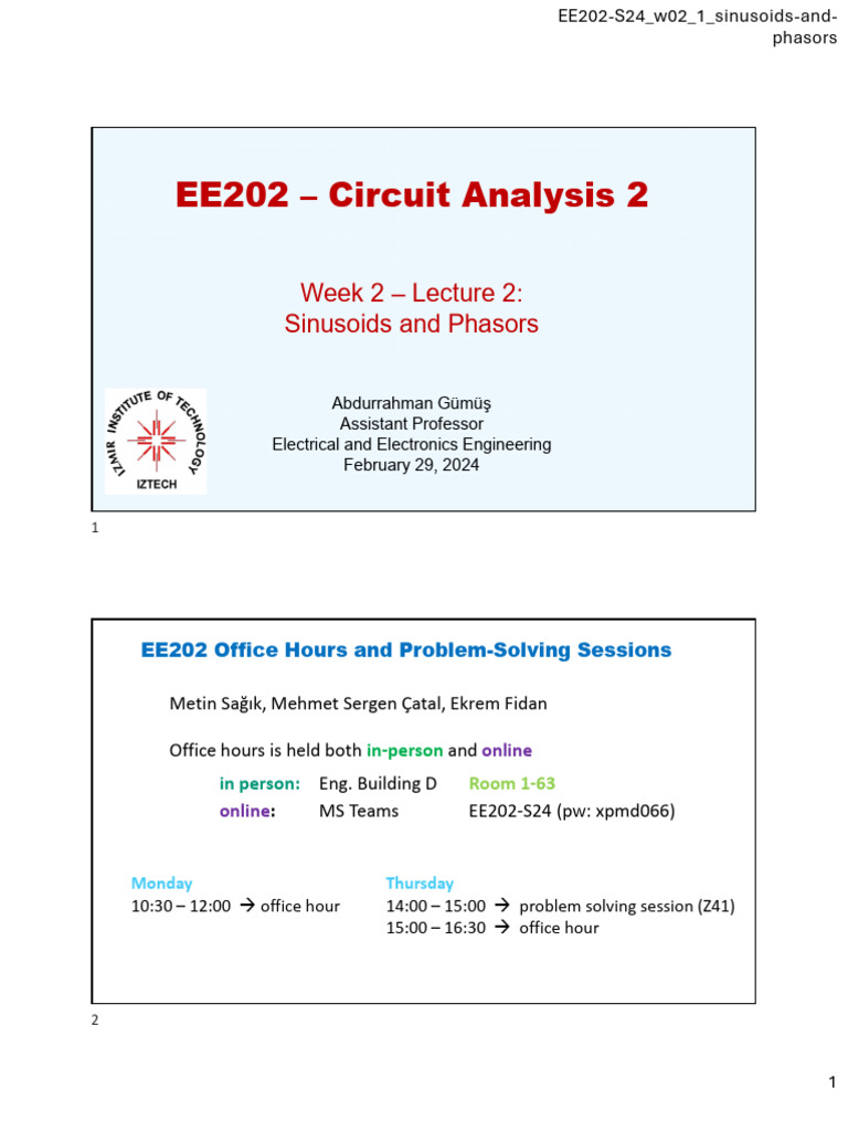 EE202-S24 w02 2 Sinusoids-And-Phasors | PDF | Electrical Impedance | Electrical Network