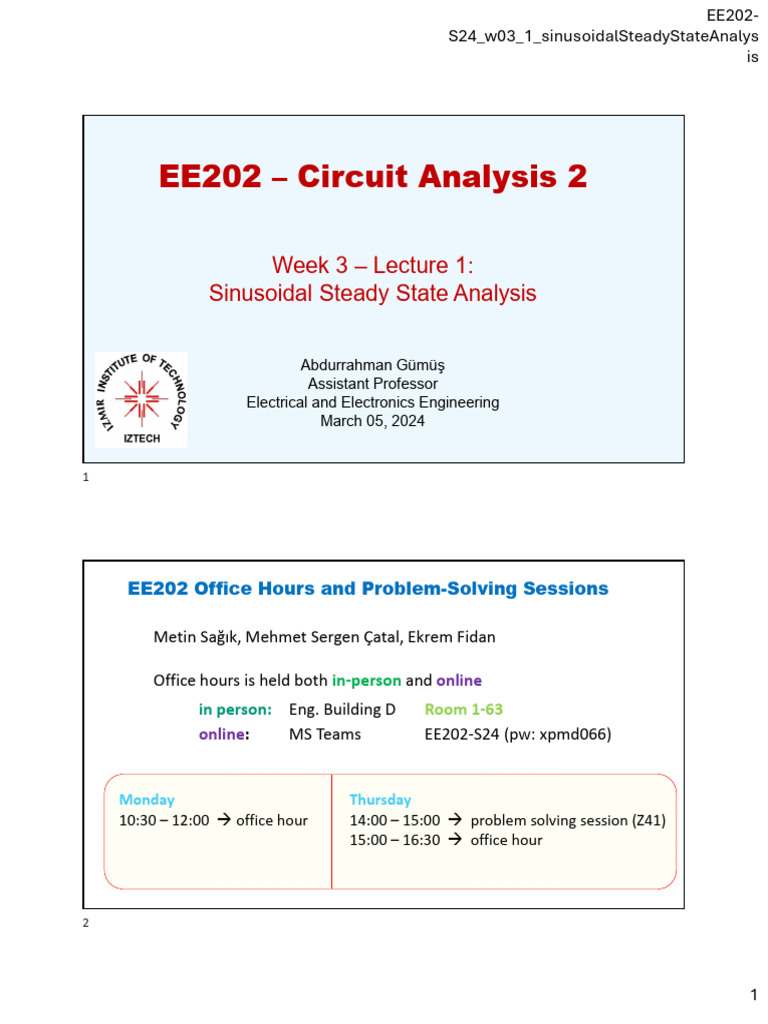 EE202-S24 w03 1 sinusoidalSteadyStateAnalysis | PDF | Electrical Impedance | Electrical Network