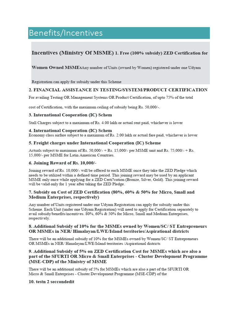ZED Certification Benefits and Incentives | PDF | Small And Medium ...