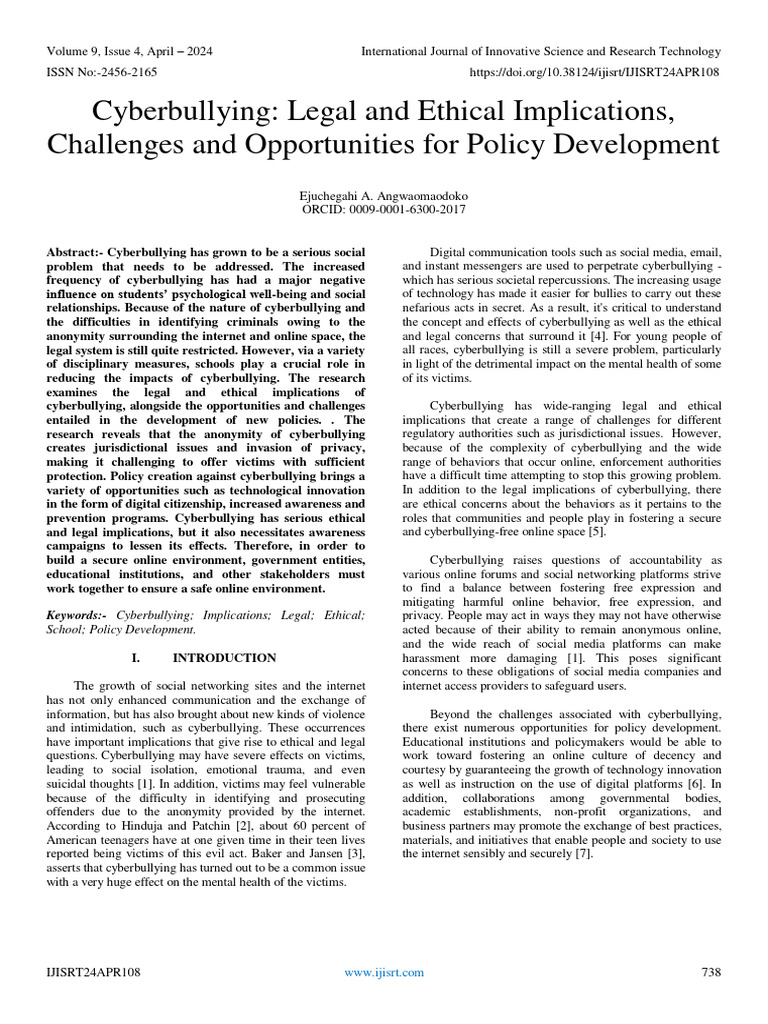 Cyberbullying: Legal and Ethical Implications, Challenges and Opportunities For Policy ...