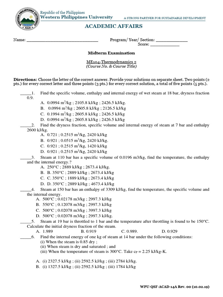 thermo-2-Midterm | PDF | Steam | Enthalpy