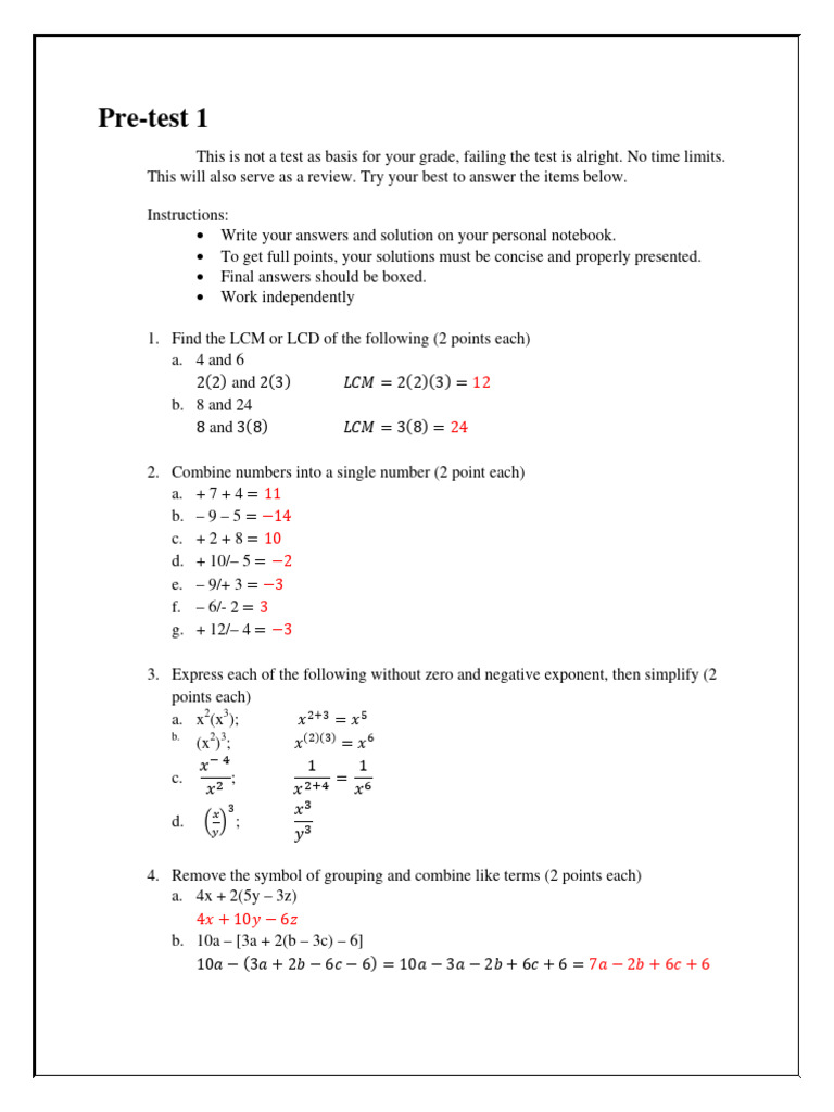 Algebra Pre Test Solutions Cal 1 Module | Download Free PDF | Applied ...