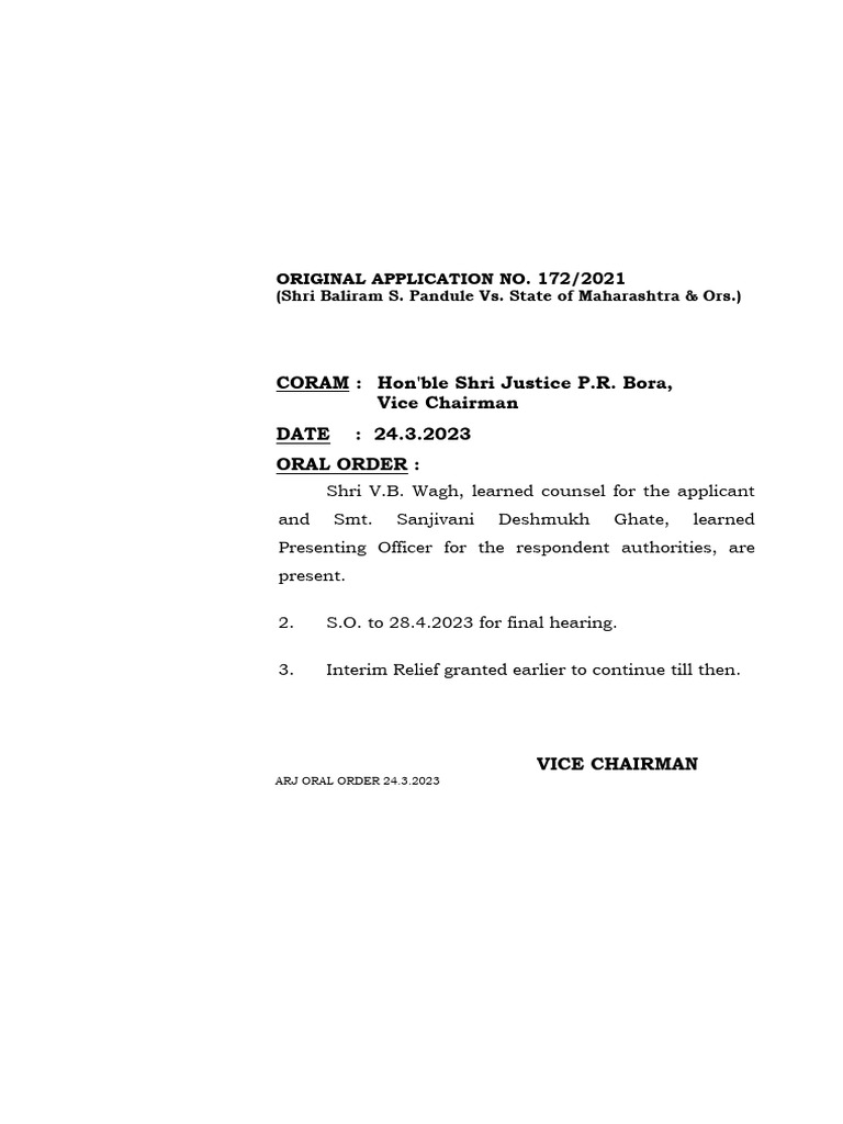 CORAM: Hon'ble Shri Justice P.R. Bora, Vice Chairman DATE: 24.3.2023 ...