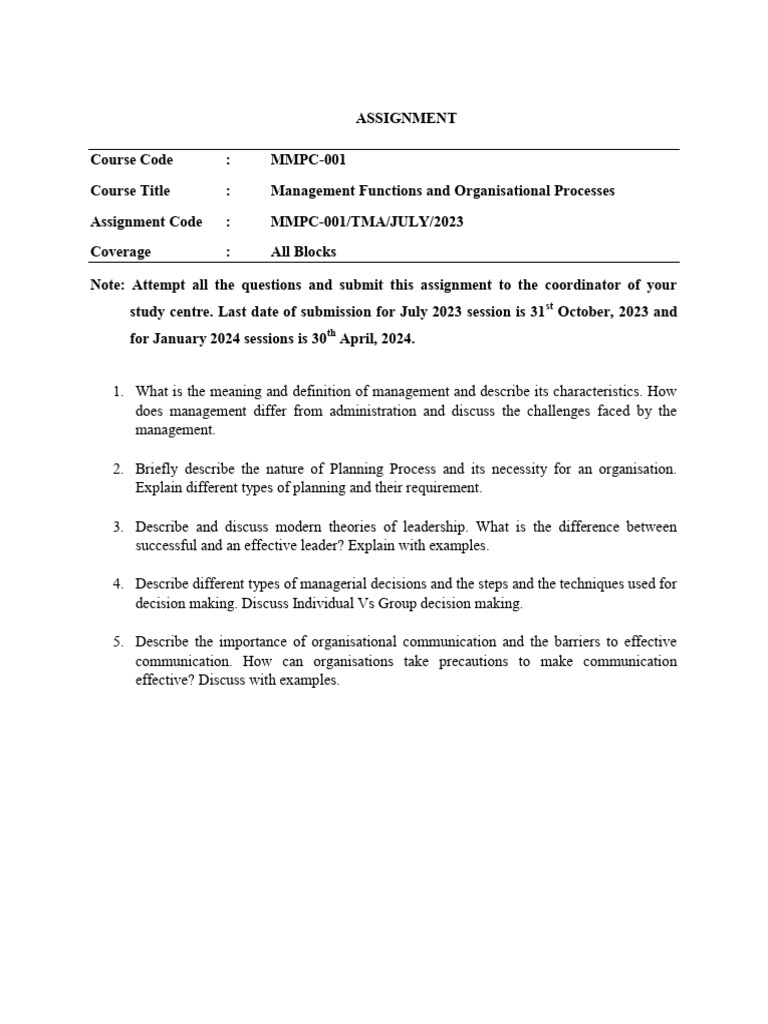 MMPC 001 23-24 @assignment - Solved - IGNOU | PDF | Leadership | Decision Making