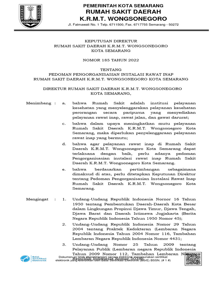 Pedoman Instalasi Rawat Inap RS Wongsonegoro | PDF