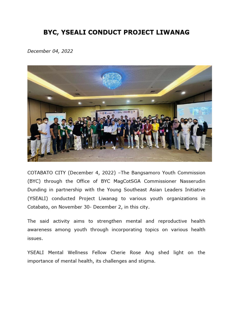 BYC, YSEALI Conduct Project Liwanag | PDF | Mental Health | Psychology