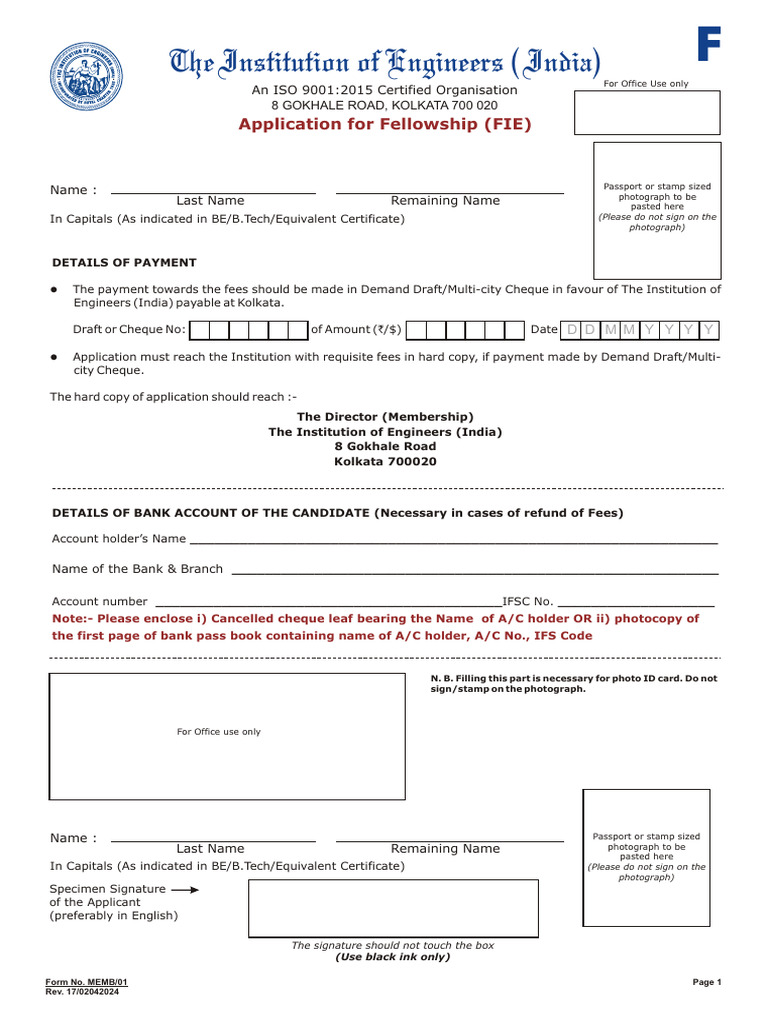 The Institution of Engineers (India) : Application For Fellowship (FIE) | PDF | Engineering | Cheque