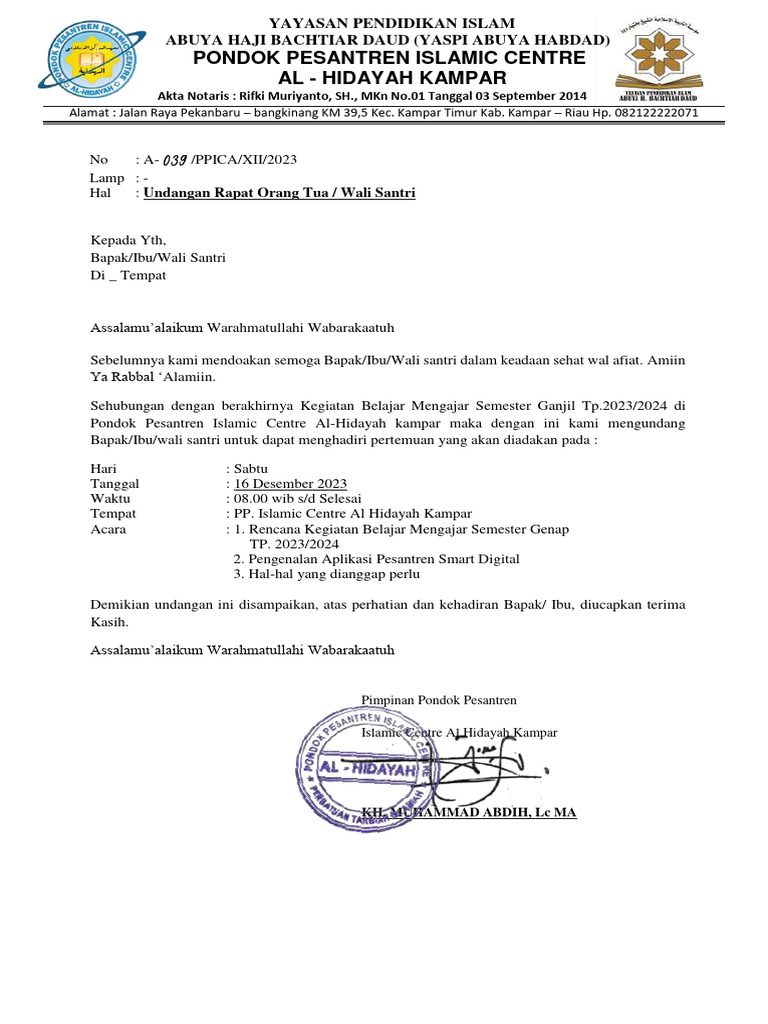 Undangan Rapat Wali Murid 2023 | PDF