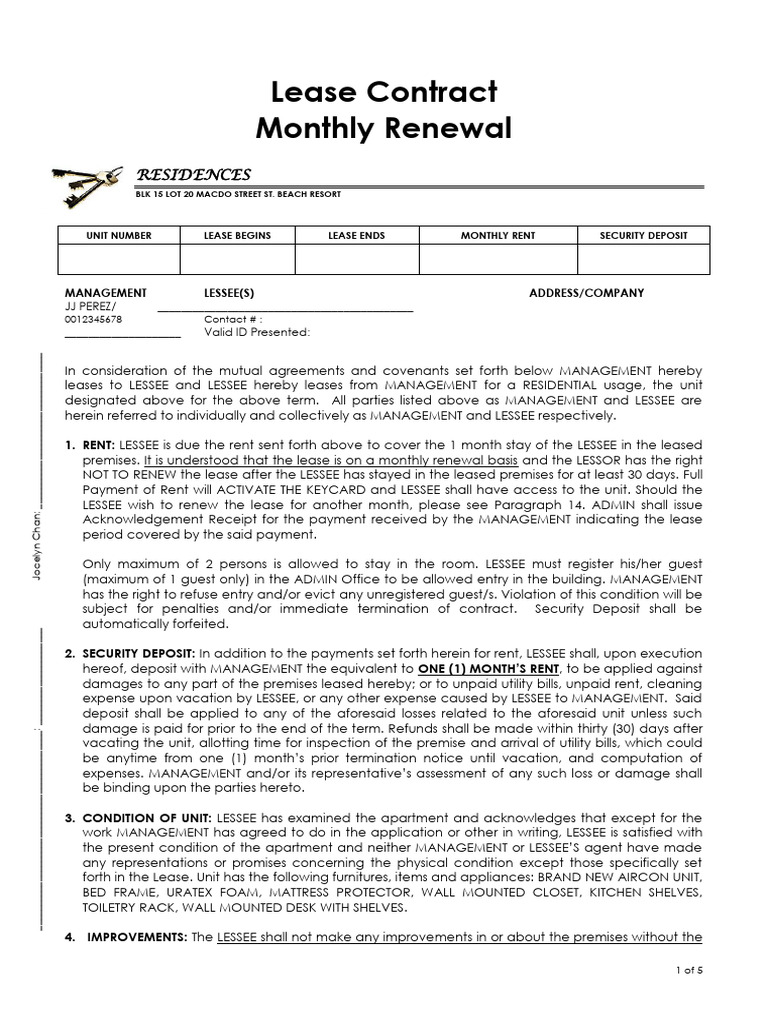 Lease Contract Monthly Renewal | PDF | Lease | Legal Remedy